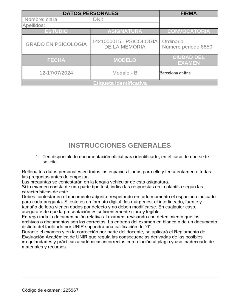 PSICOLOGÍA DE LA MEMORIA. Examen Memoria Jul24 v2 | PDF | Memoria | Amnesia