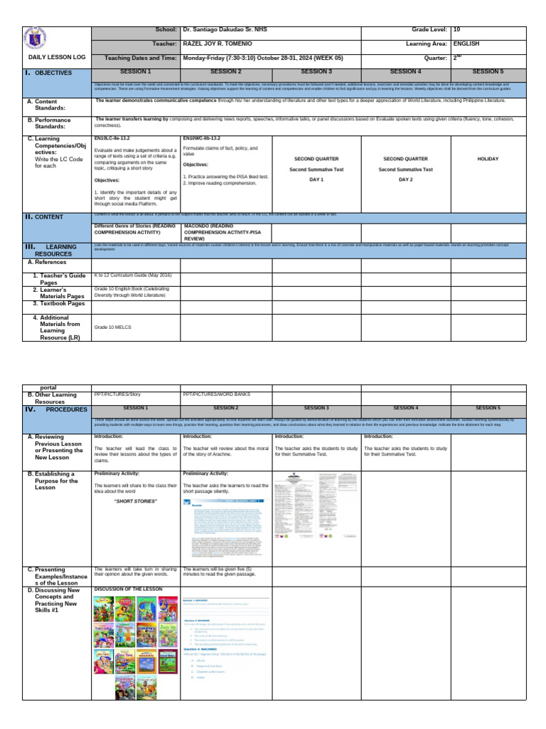 TOMENIO DLL English10 Q2 W5.1 | PDF | Learning | Reading Comprehension