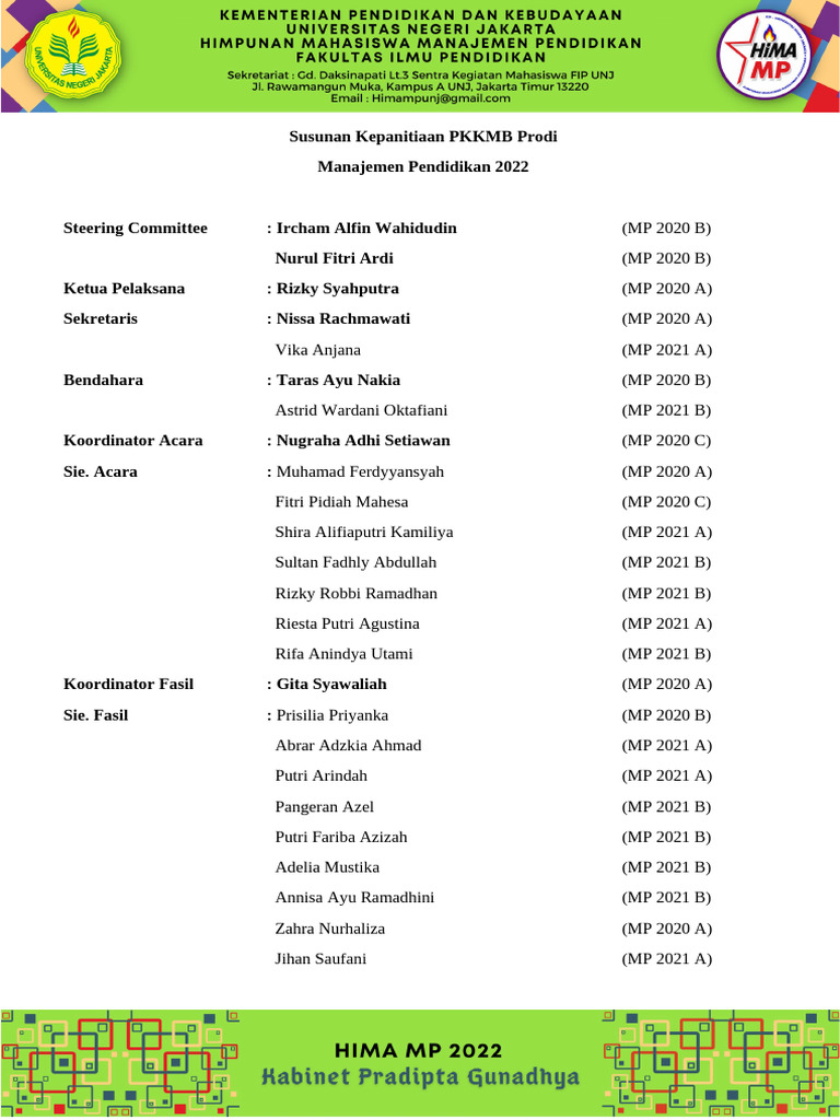 Susunan Panitia PKKMB Manajemen 2022 | PDF