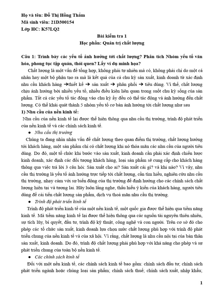 Đỗ Thị Hồng Thắm - Bài KT1 | PDF