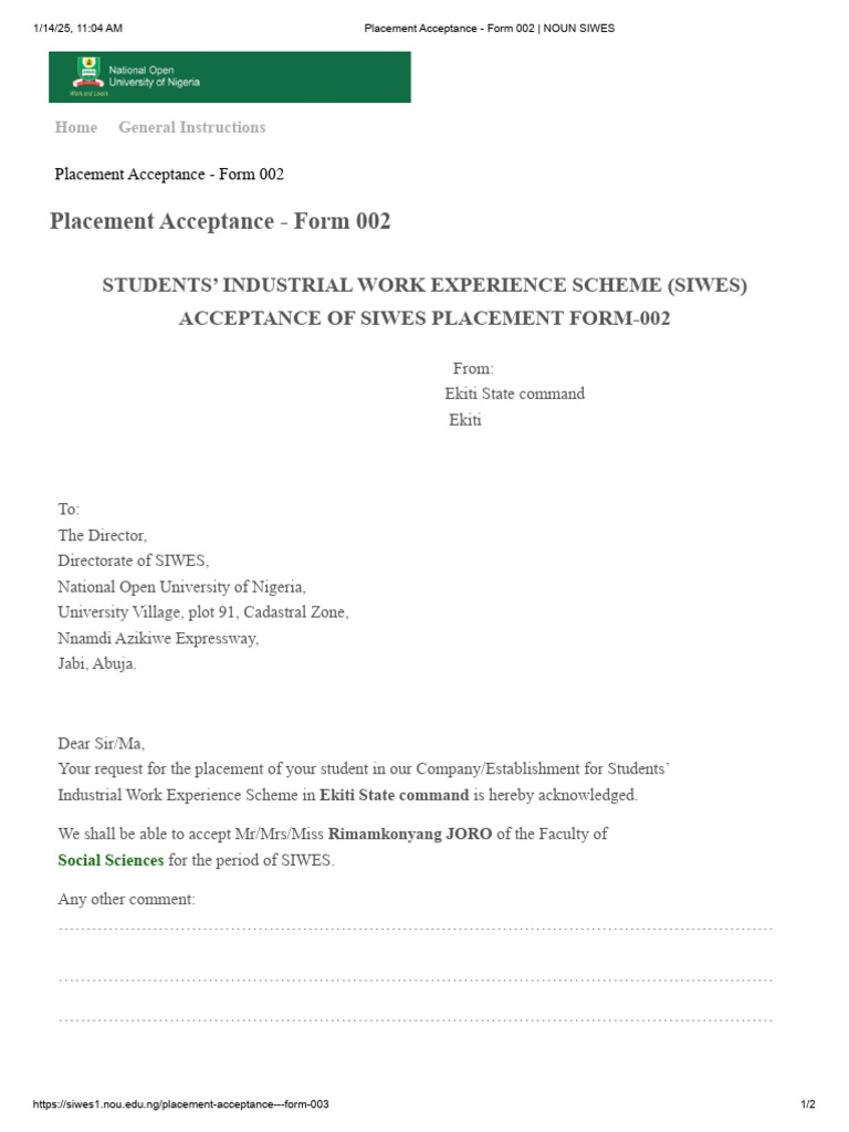 Placement Acceptance - Form 002 - NOUN SIWES | PDF