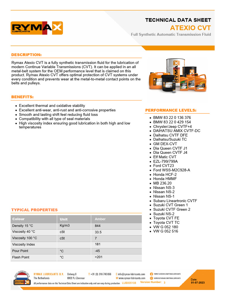 EN_Rymax_TDS-Atexio+CVT_LUB005108_V3 | PDF | Viscosity | Automotive Industry