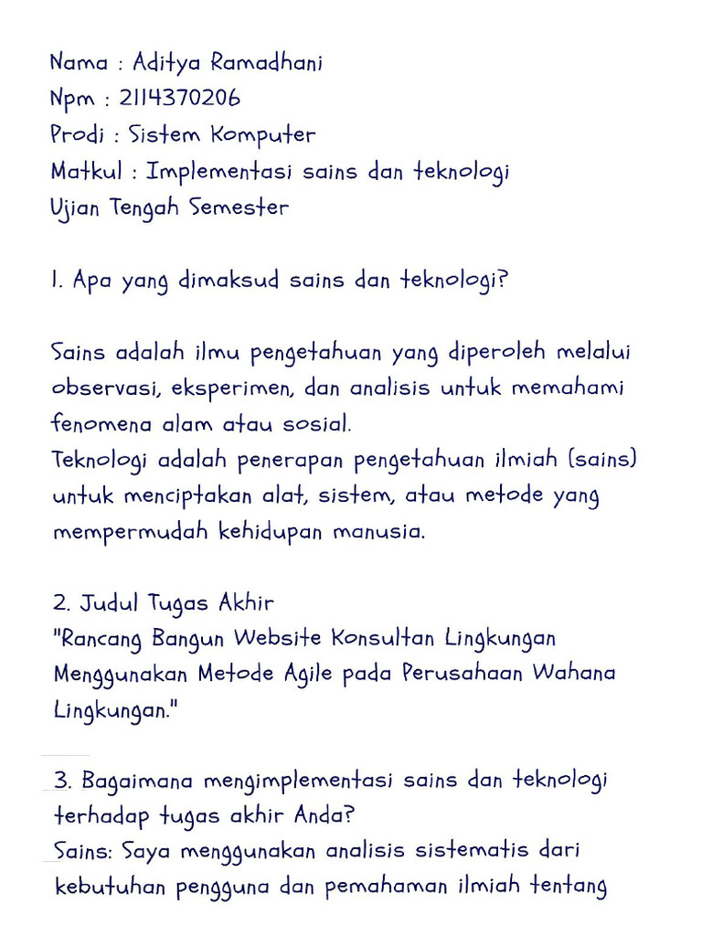 UTS Implementasi Sains Dan Teknologi (Aditya Ramadhani - 2114370206) | PDF