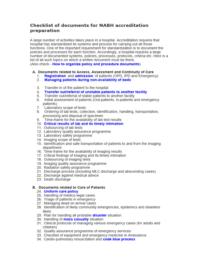 3 Checklist of Documents For NABH Accreditation Preparation | PDF ...