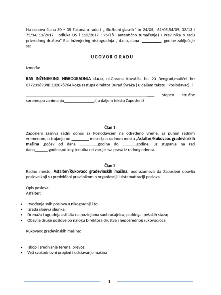 Ugovor o radu-RAS | PDF