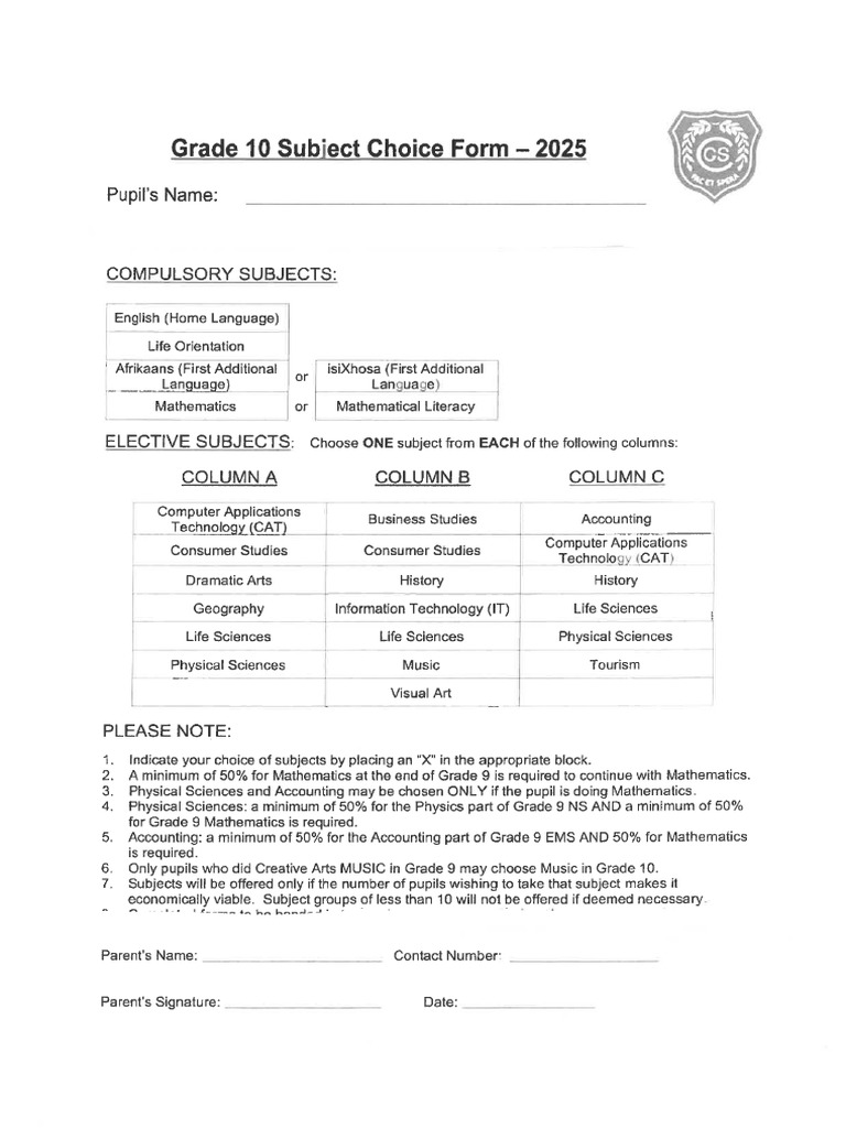 Grade 10 Subject Choice Form 2025 | PDF