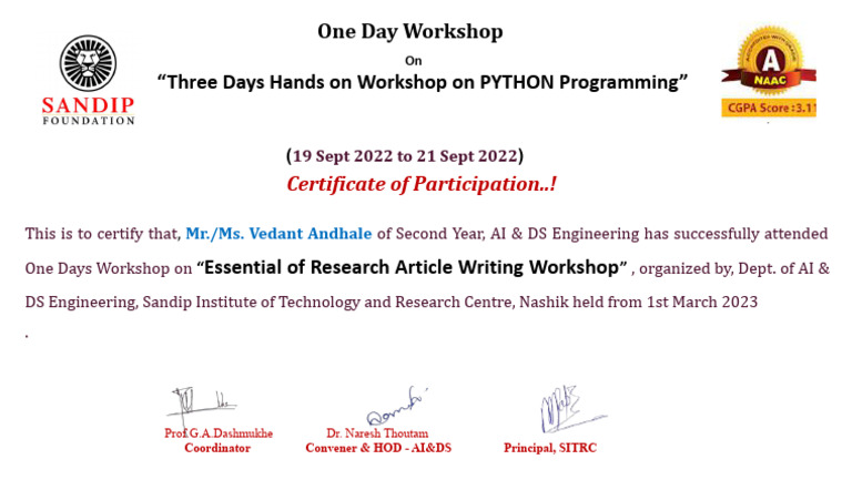 Python Programming Workshop Certificate | PDF