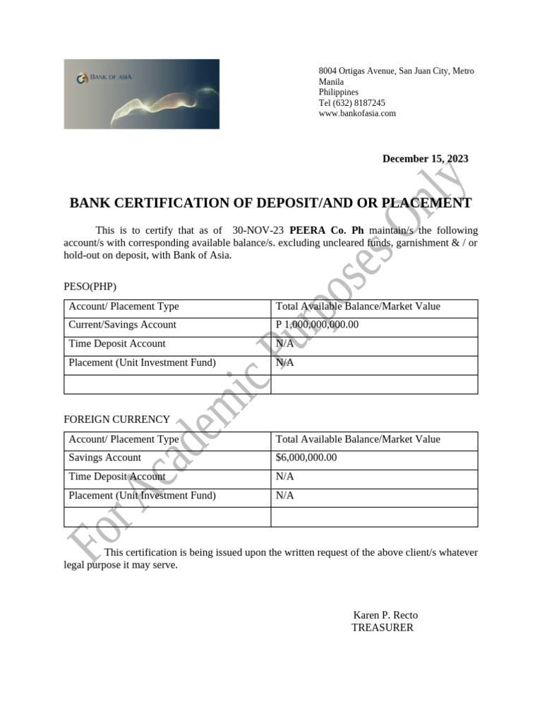 Bank Certification of Deposit for PEERA Co. | PDF