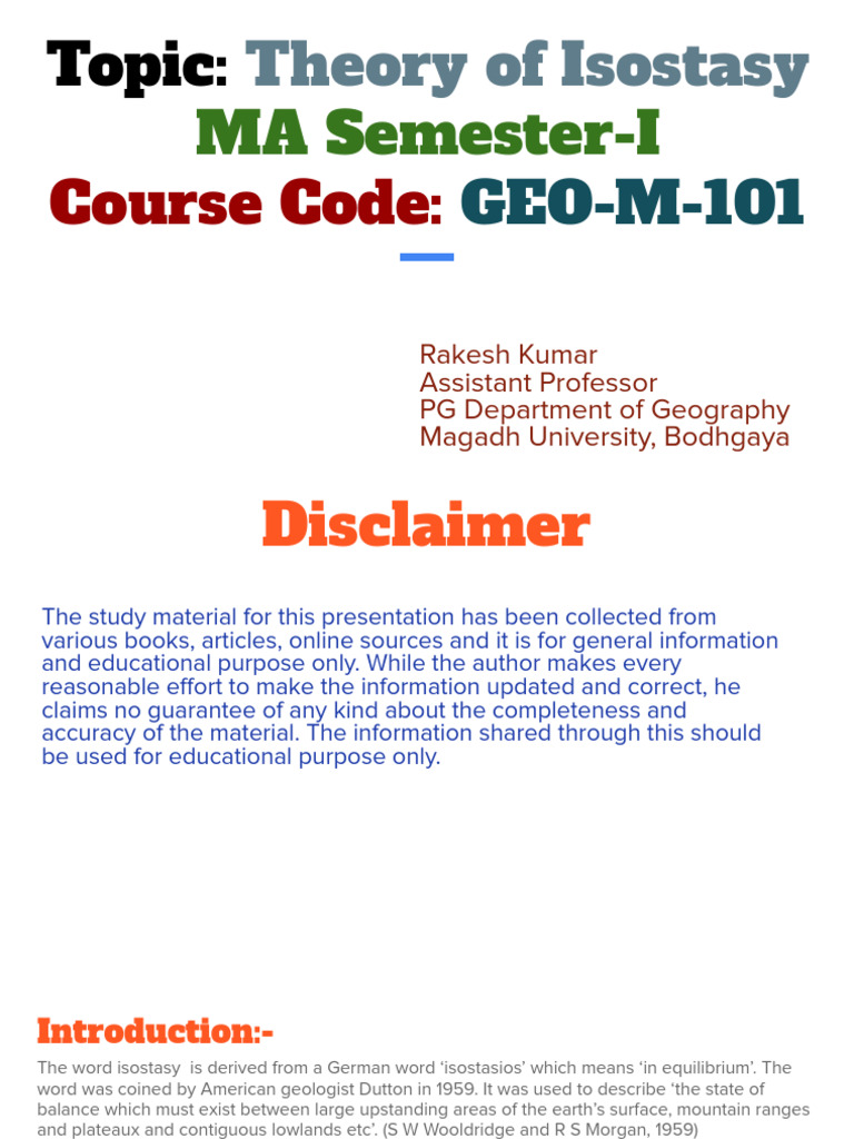 Topic - Theory of Isostasy MA Semester-I Course Code - GEO-M-101 | PDF | Earth Sciences | Tectonics