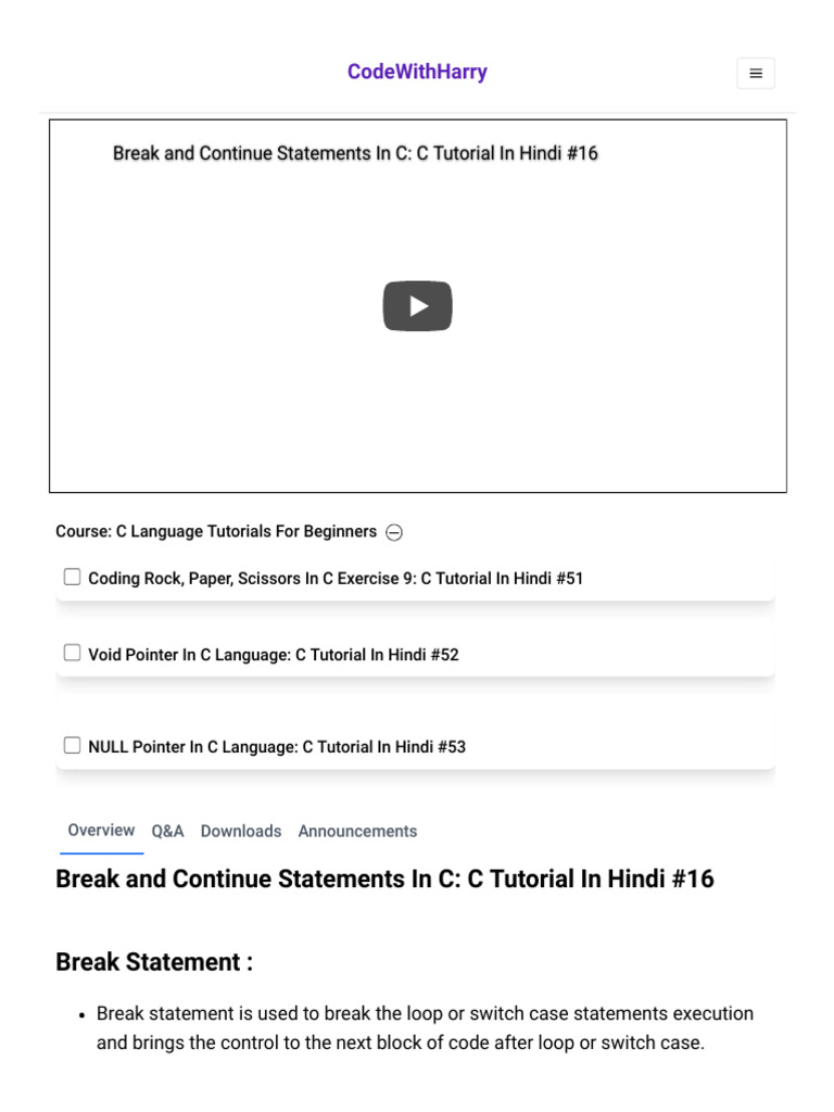 Break and Continue Statements in C_ C Tutorial in Hindi #16 _ CodeWithHarry | PDF | C ...