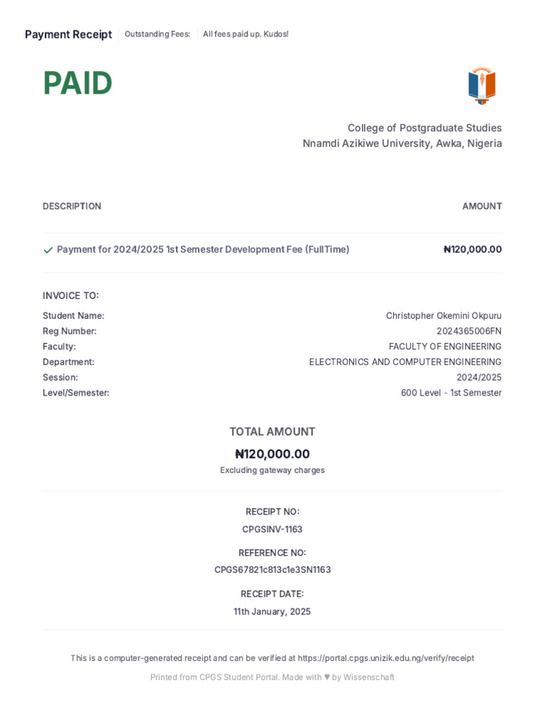 CPGS Payment Receipt for 2024/2025 | PDF