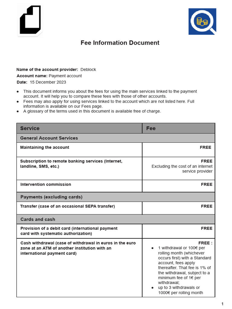 Fee Information Document | PDF | Debit Card | Payments