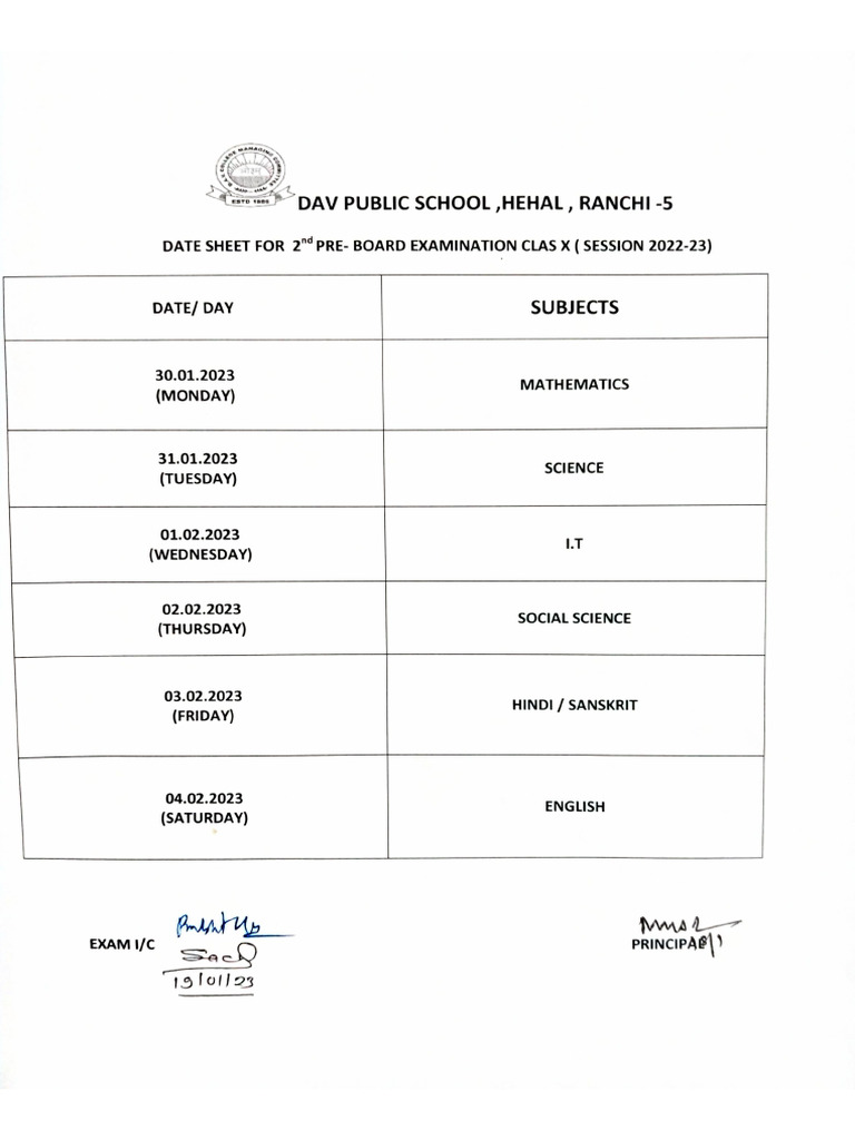 DATE SHEET 2ND PRE BOARD | PDF
