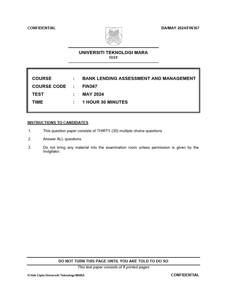 FIN367 Exam Slip - May 2024 | PDF | Loans | Credit