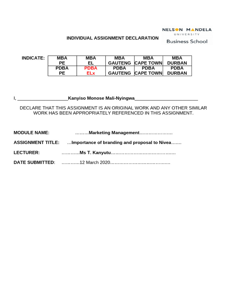 INDIVIDUAL ASSIGNMENT COVER PAGE Kanyisa Mali Nerw | PDF | Marketing ...