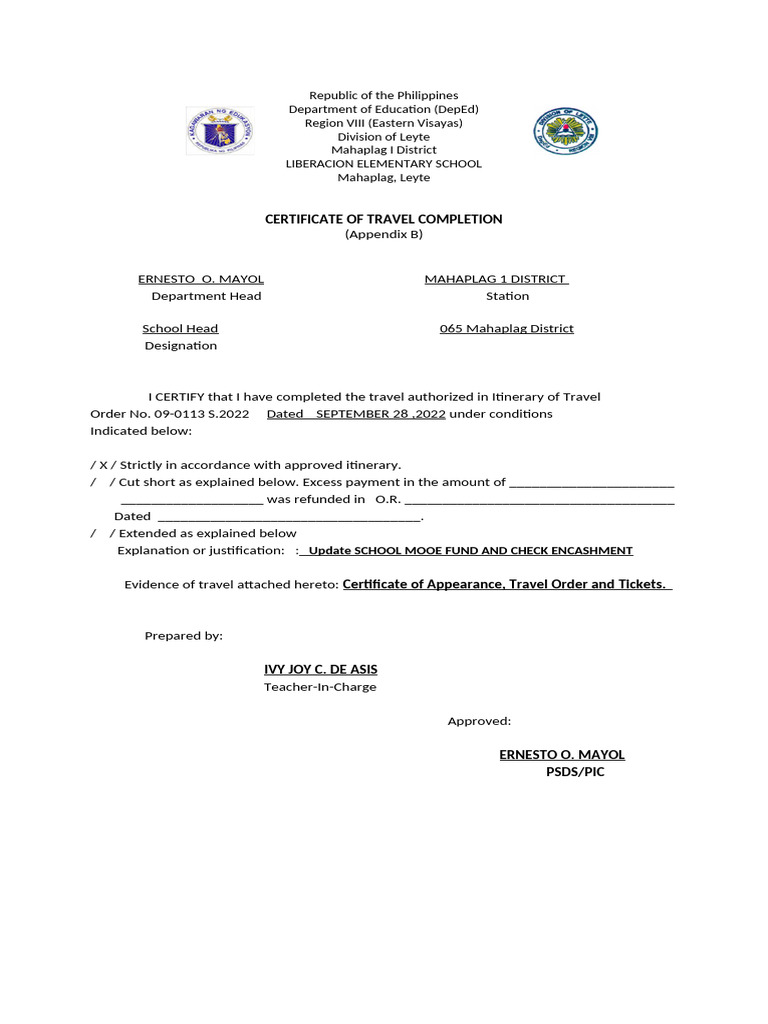 Certificate of Travel Complition | PDF