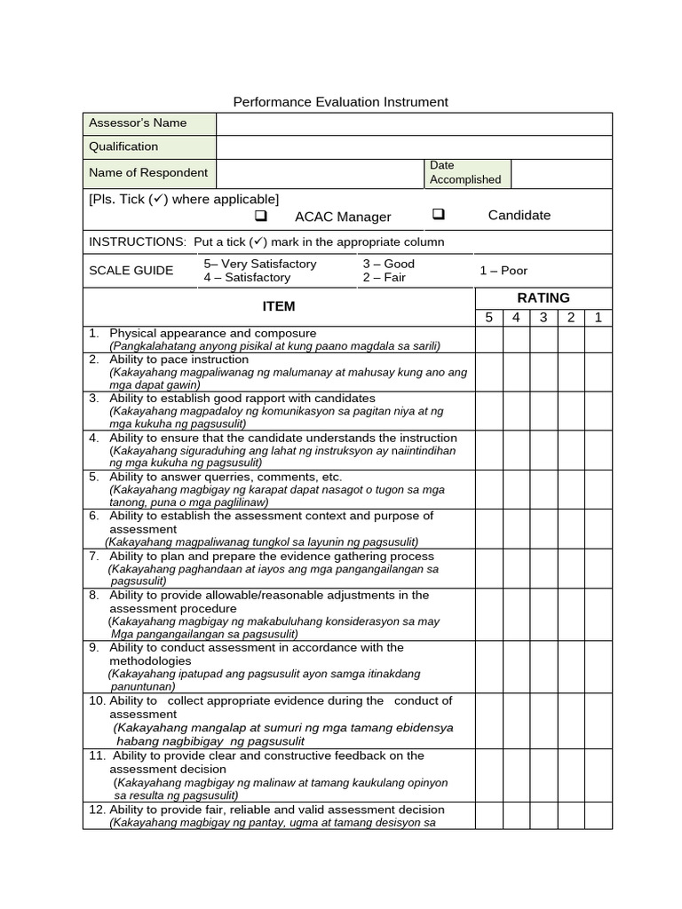 Performance Evaluation Instrument | PDF