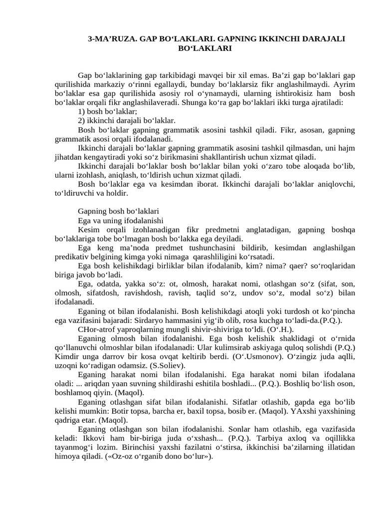 3-Maruza.Gap bolaklari. Gapning ikkinchi darajali bolaklari | PDF
