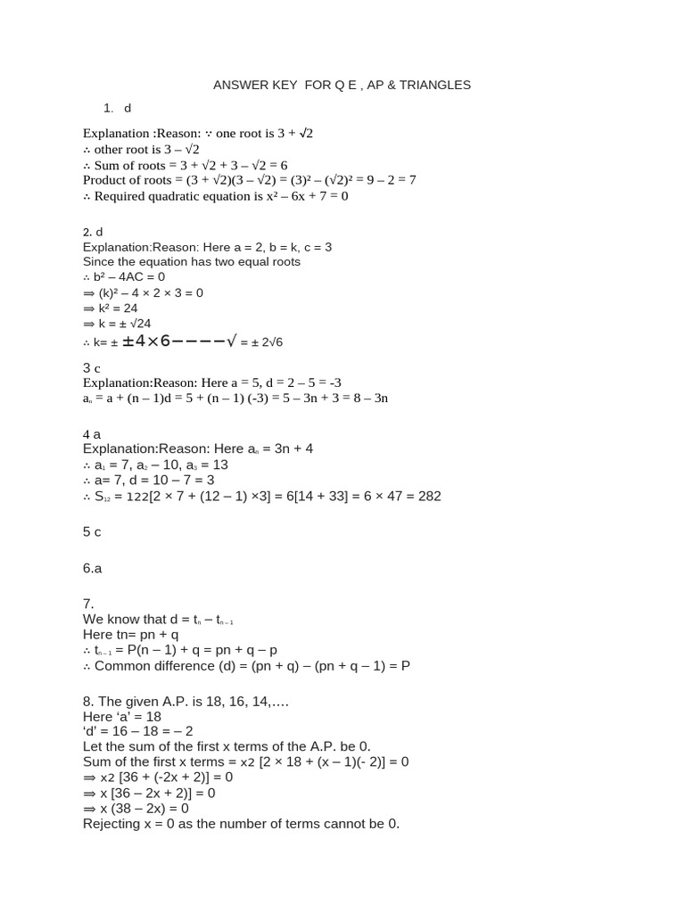 Answer Key For Q E, Ap & Triangles 1. D | PDF | Elementary Geometry ...