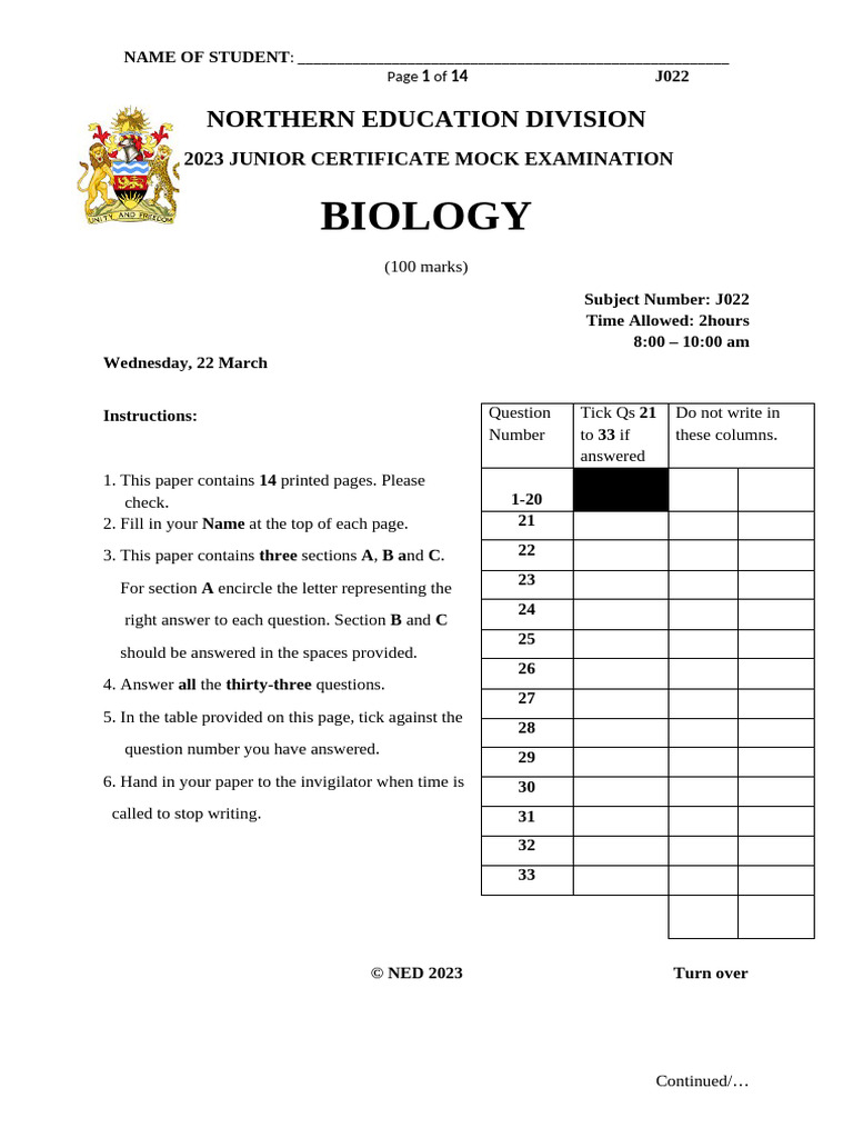 2023 Junior Certificate Biology Exam | PDF | Photosynthesis