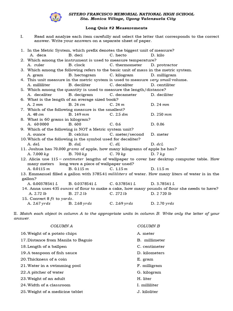 Metric System Quiz for Students | PDF | Litre | International System Of ...