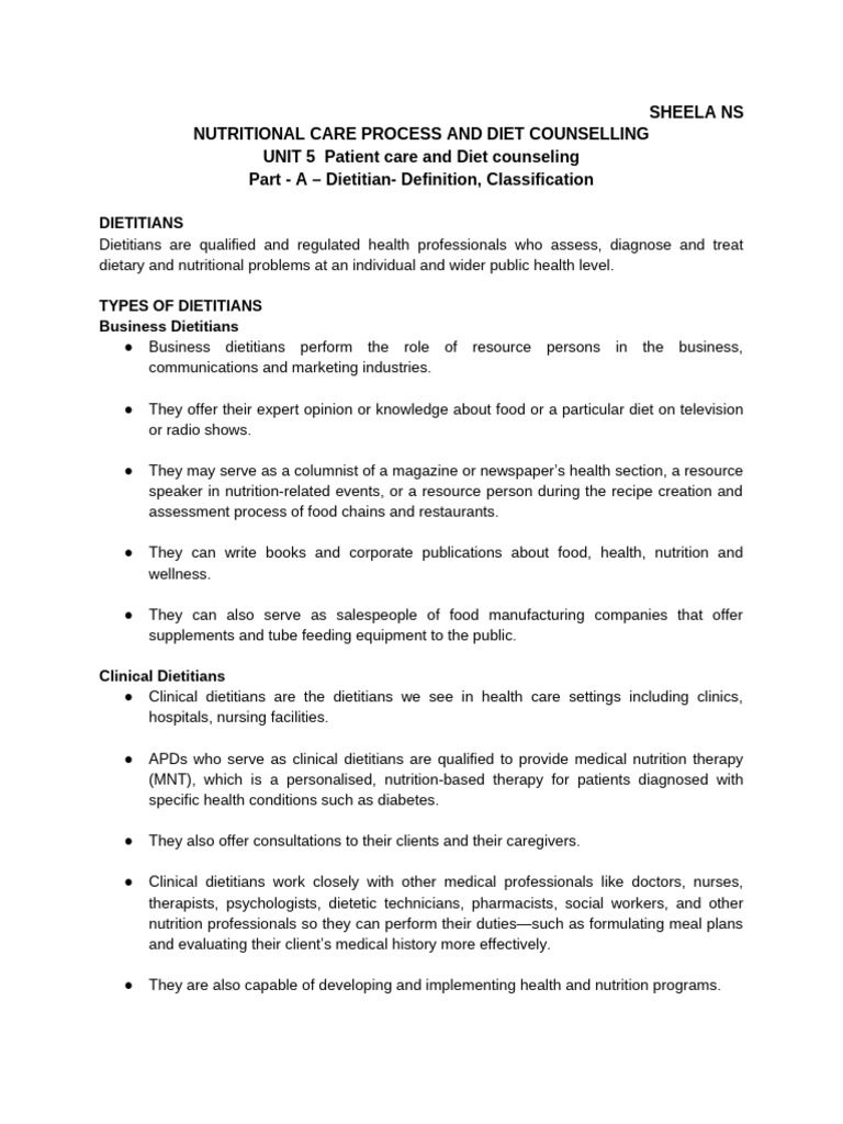 Dietitians and Types of Dietitians | PDF | Dietitian | Health Care