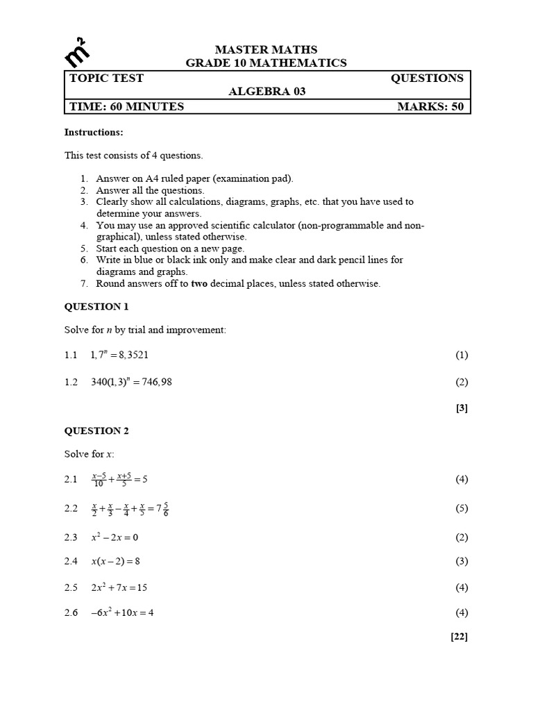 Algebra 03 (Grade 10) Questions | PDF | Mathematics
