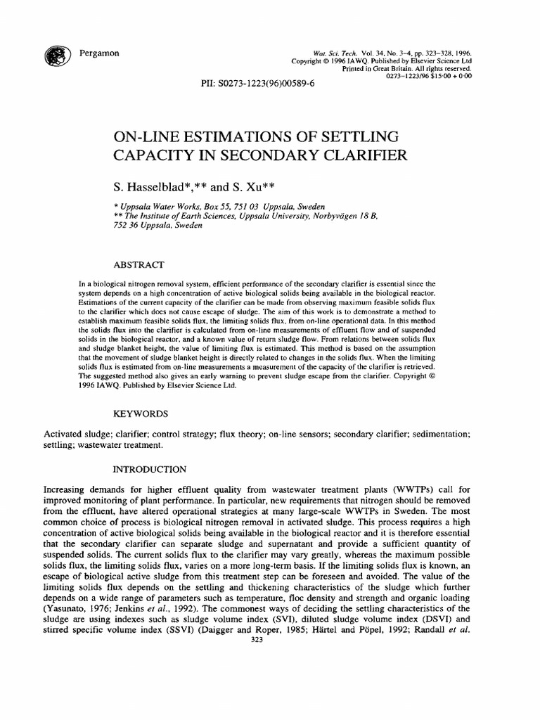 On-Line Estimations of Settling Capacity in Secondary Clarifier | PDF