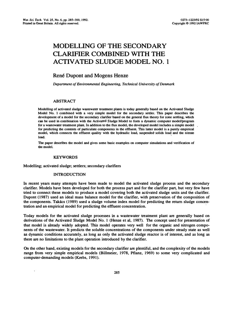 Modelling of The Secondary Clarifier Combined With The Activated Sludge ...