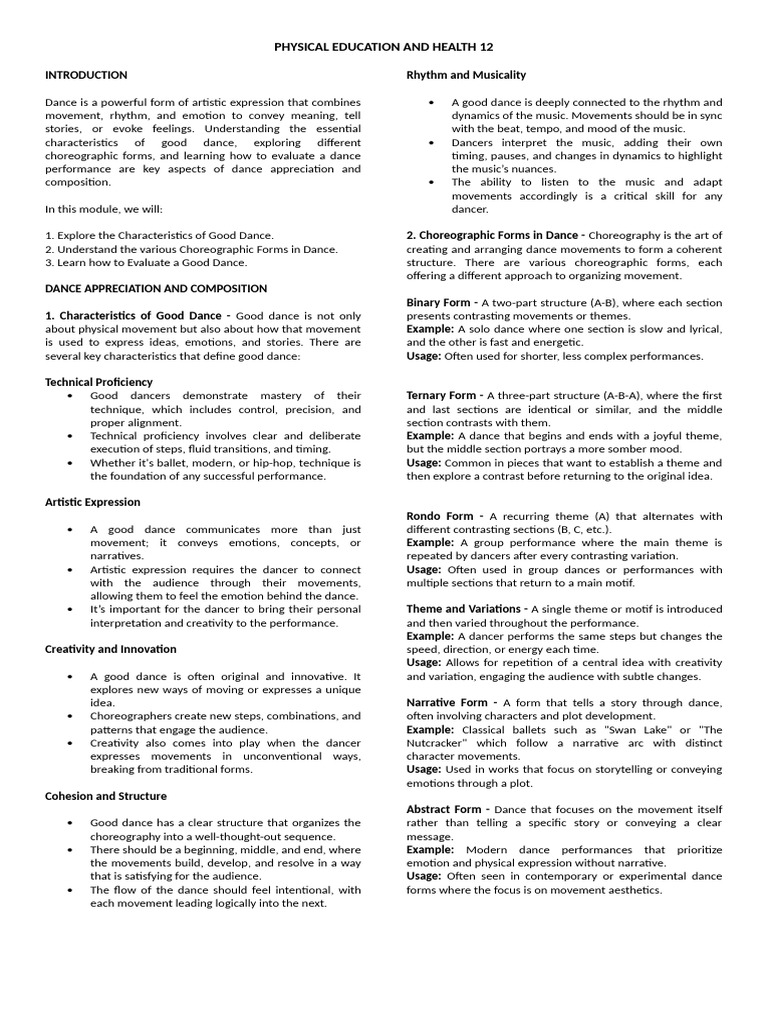 Dance Appreciation and Evaluation Guide | PDF | Dances | Choreography
