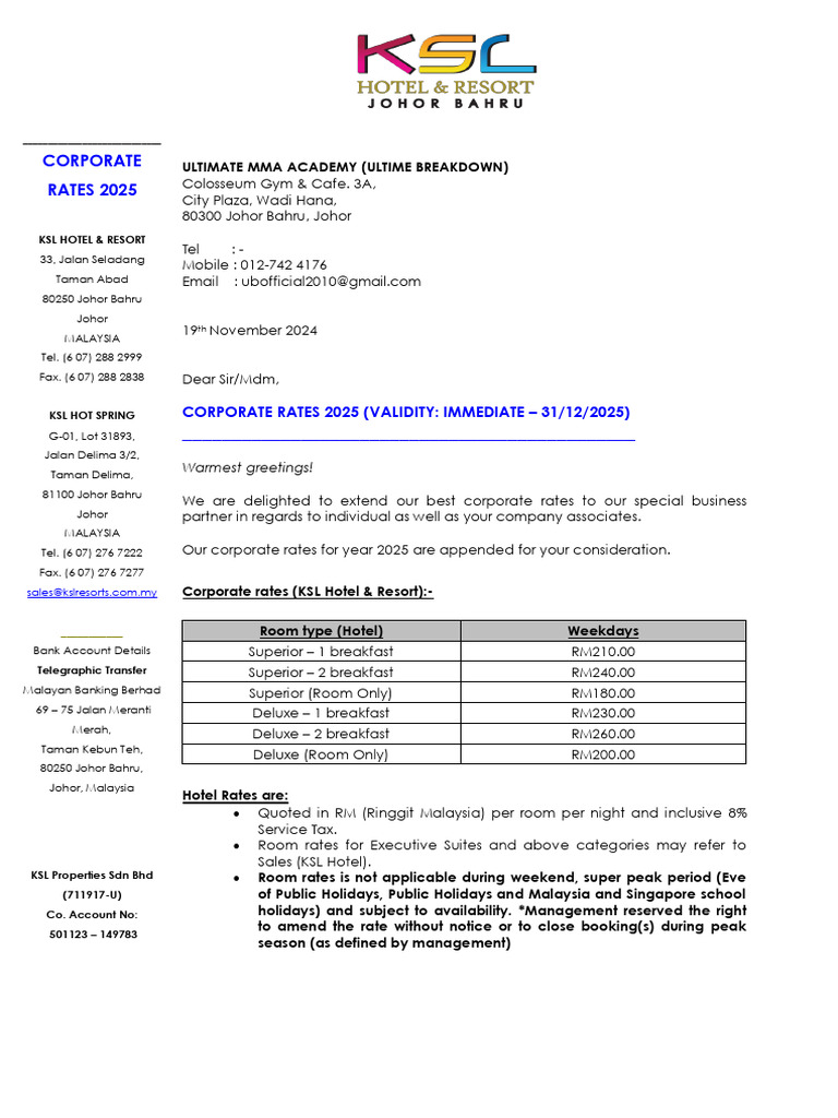 Corporate Rate KSL RESORT 2025 - ULTIMATE MMA ACADEMY | PDF | Credit Card