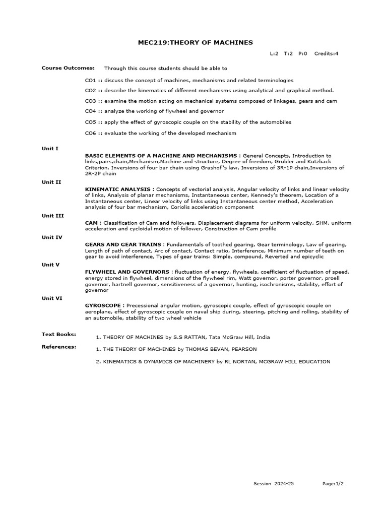 Theory of Machines Course Overview | PDF | Machines | Gear