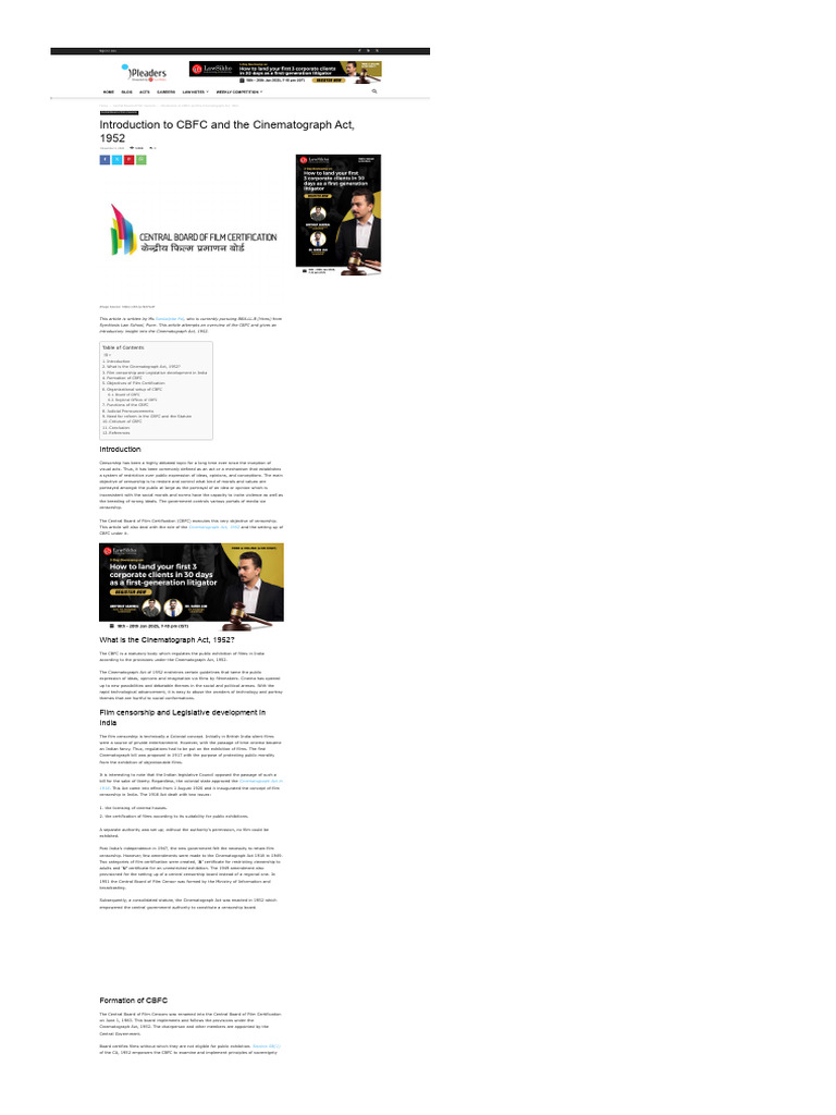 Blog Ipleaders in Introduction CBFC Cinematograph Act 1952 ... | PDF | Censorship | Justice