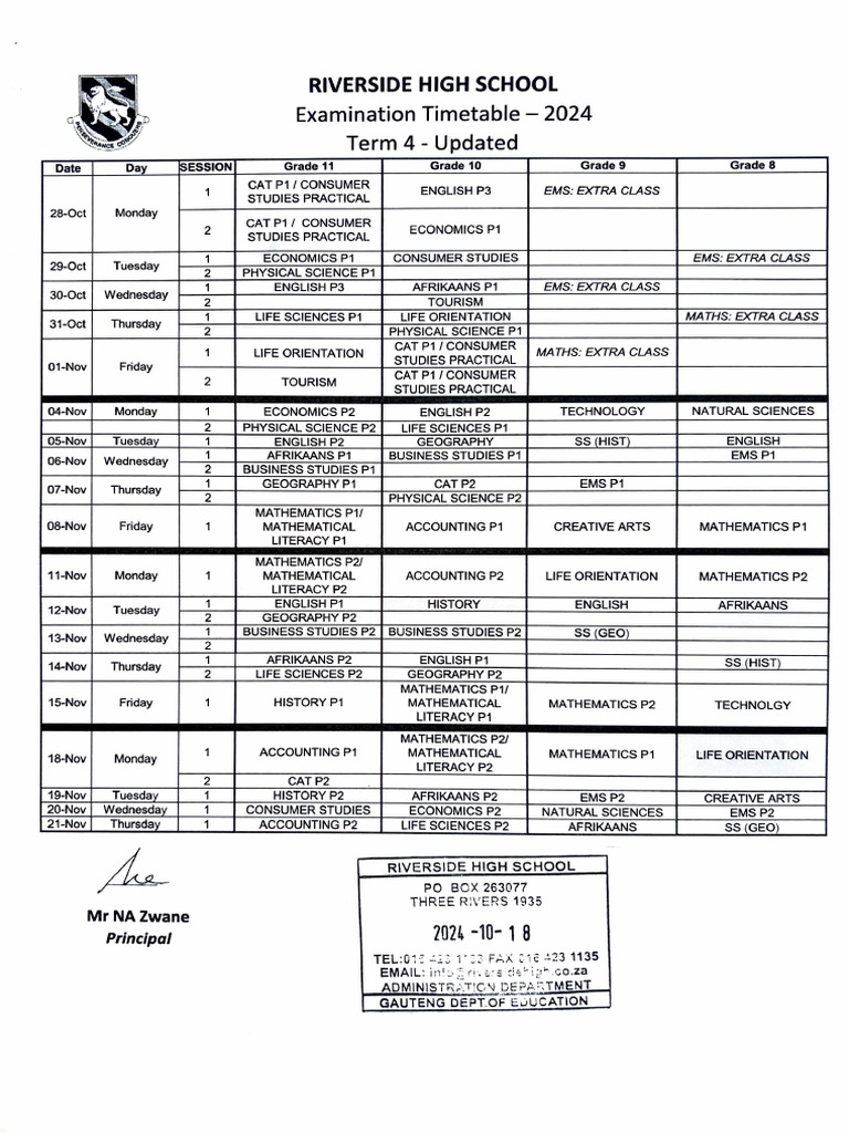 Riverside High School 2024 Exam Timetable | PDF | Adolescence ...