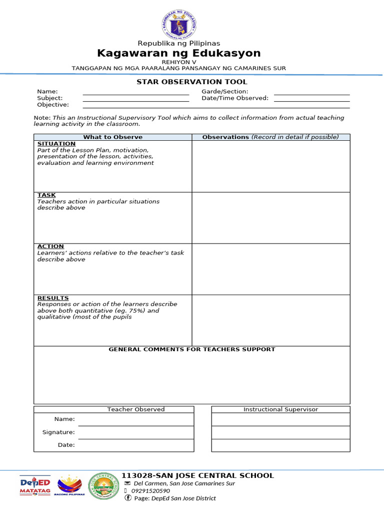 STAR Observation Tool Template For School As Observer | PDF
