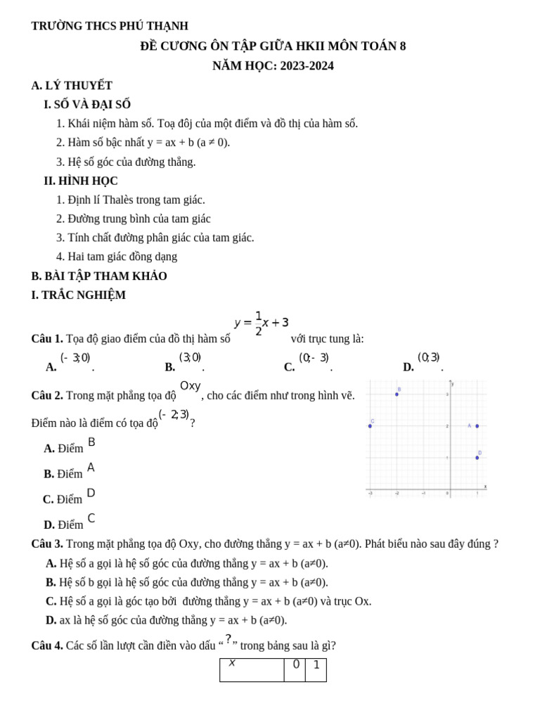 Đề Cương Giữa Hkii Toán 8 (2023-2024) | PDF