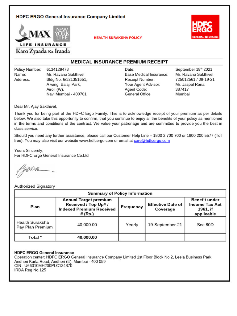 HDFC Ergo Medical Insurance Receipt | PDF