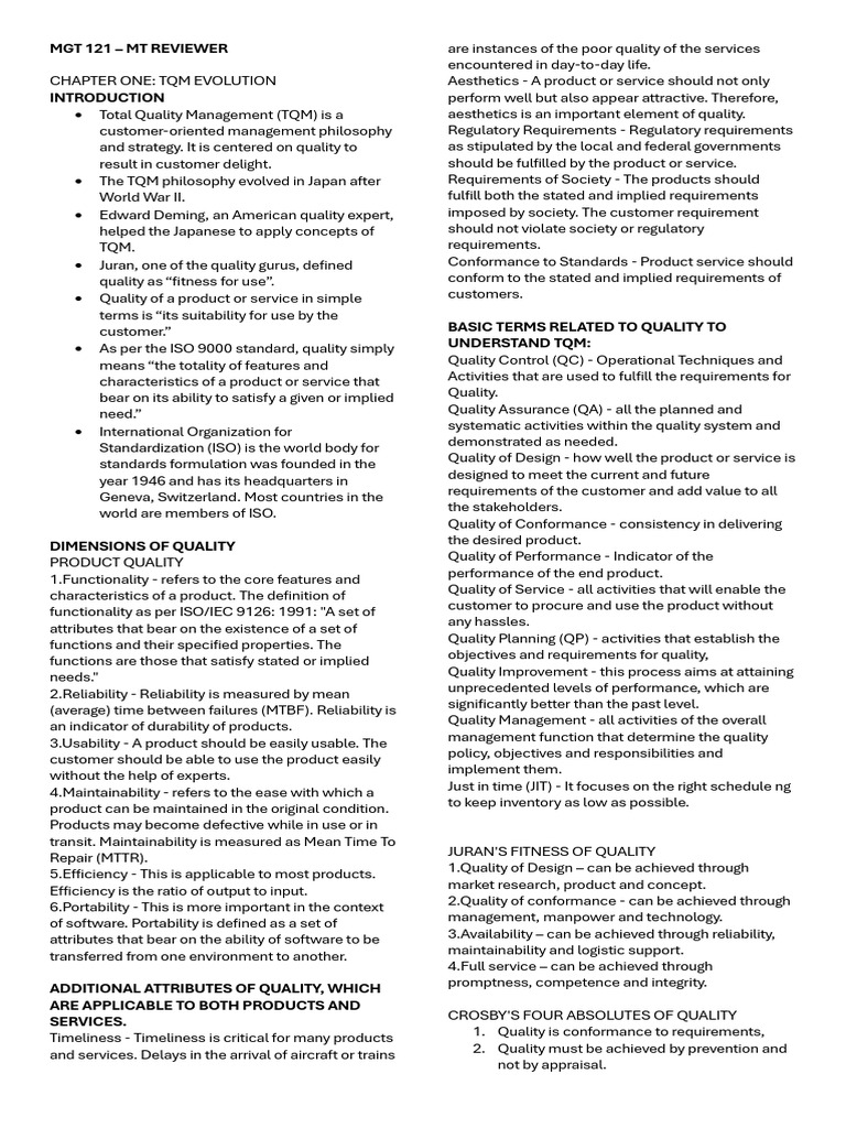 MGT-121-MT-REVIEWER | PDF | Quality (Business) | Quality Management