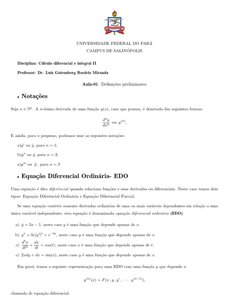 Aula1 - Definições Preliminares | PDF | Equação diferencial ordinária ...