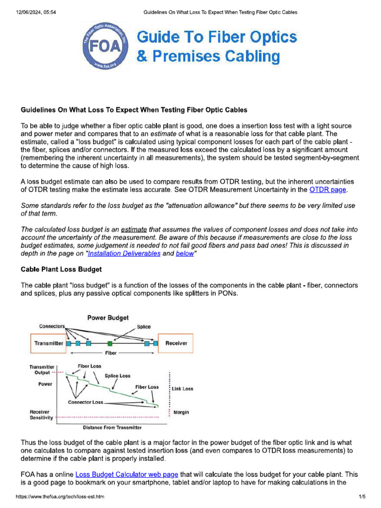 Guidelines On What Loss To Expect When Testing Fiber Optic Cables | PDF