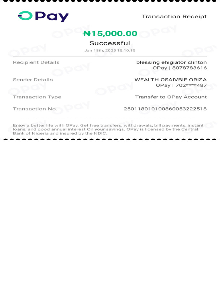 OPay Transaction Receipt ₦15,000 | PDF