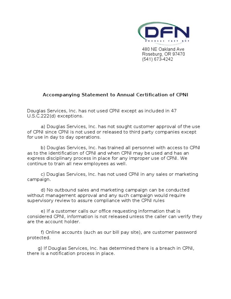 CPNI Accompanying Statement 1 | PDF | Career & Growth | Business
