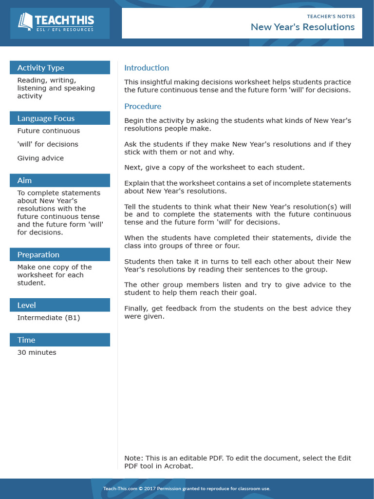 2360 New Years Resolutions | PDF | English As A Second Or Foreign ...