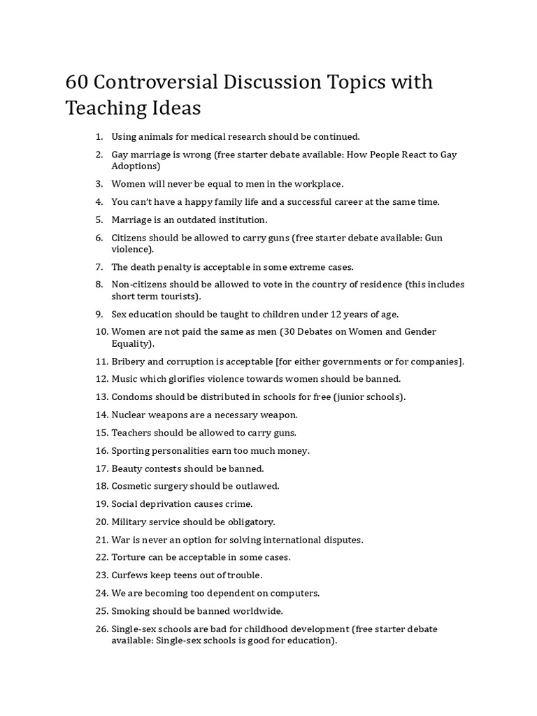 60 Controversial Discussion Topics With Teaching Ideas | PDF | Justice | Crime & Violence