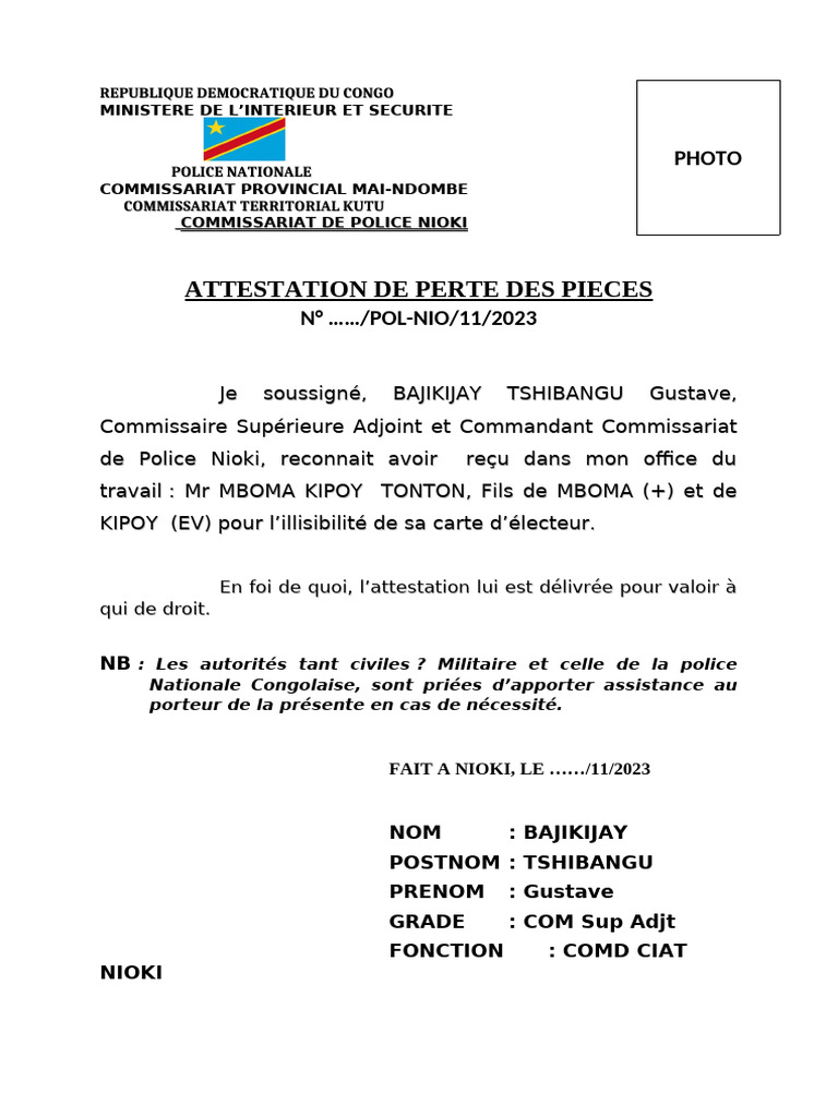 Attestation de perte de pièces RDC | PDF