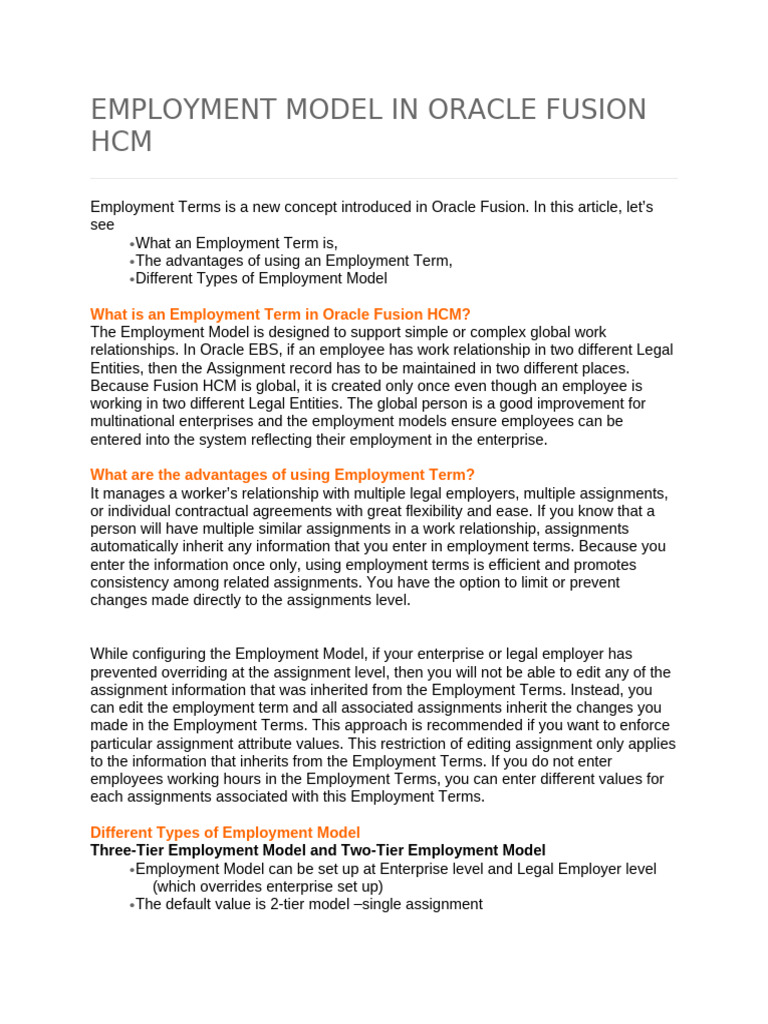 Employment Model in Oracle Fusion HCM | PDF | Employment | Oracle ...