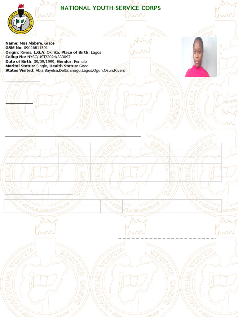 NYSC Personal Details: Grace Alabere | PDF