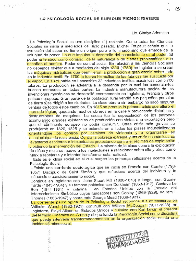 LA PSICOLOGIA SOCIAL DE ENRIQUE PICHON REVIERE (Ficha-Gladys Adamson) | PDF