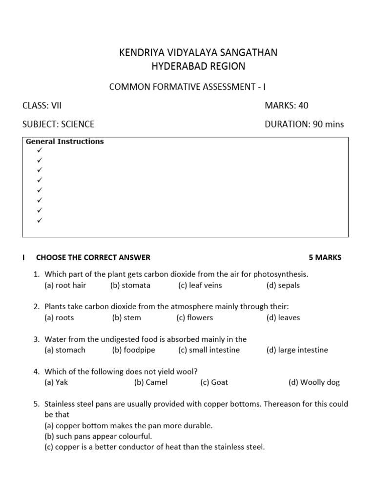 Cbse Sample Paper For Class 7 Science Fa2 | PDF | Digestion | Leaf