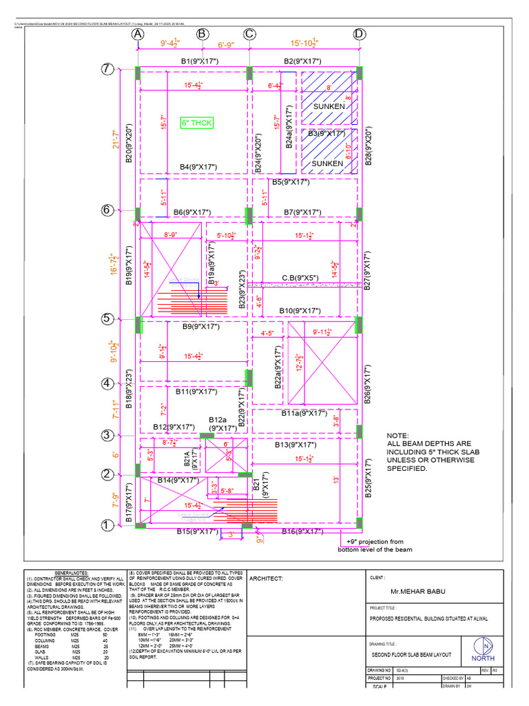 SECOND FLOOR SLAB BEAM LAYOUT@MEHRA BABA ALWAL | PDF | Structural Engineering | Building Technology